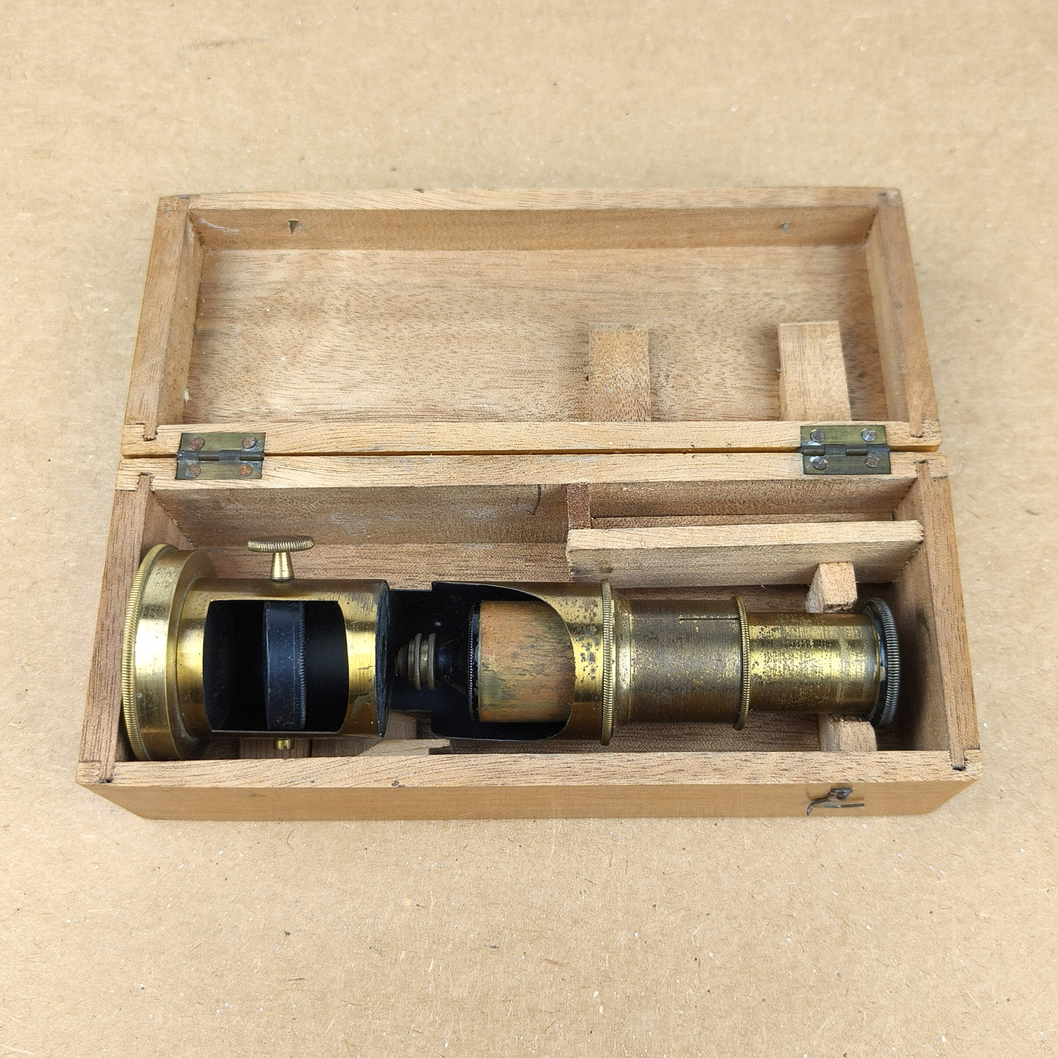 Antique Compact Brass Microscope with Original Wooden Case