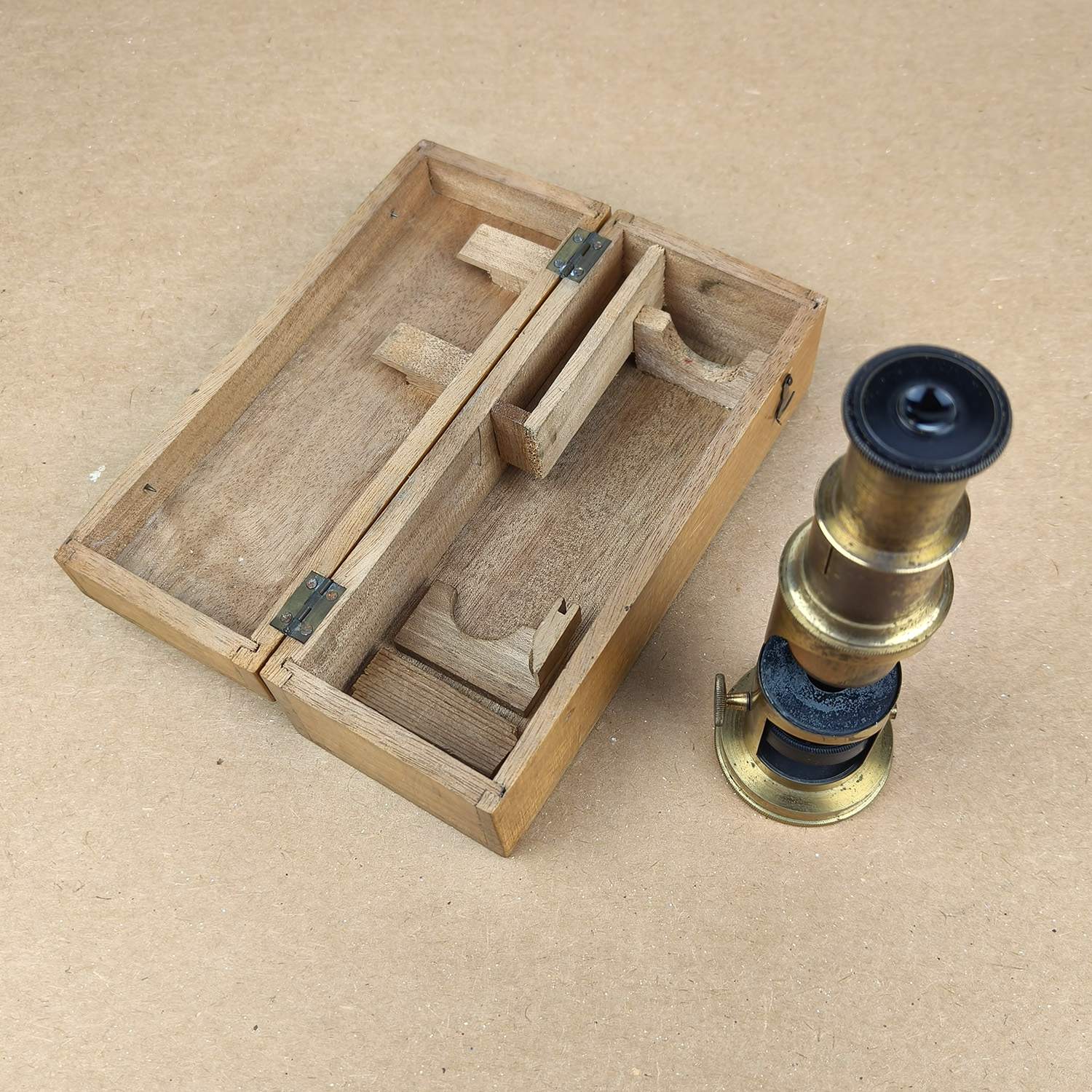 Antique Compact Brass Microscope with Original Wooden Case