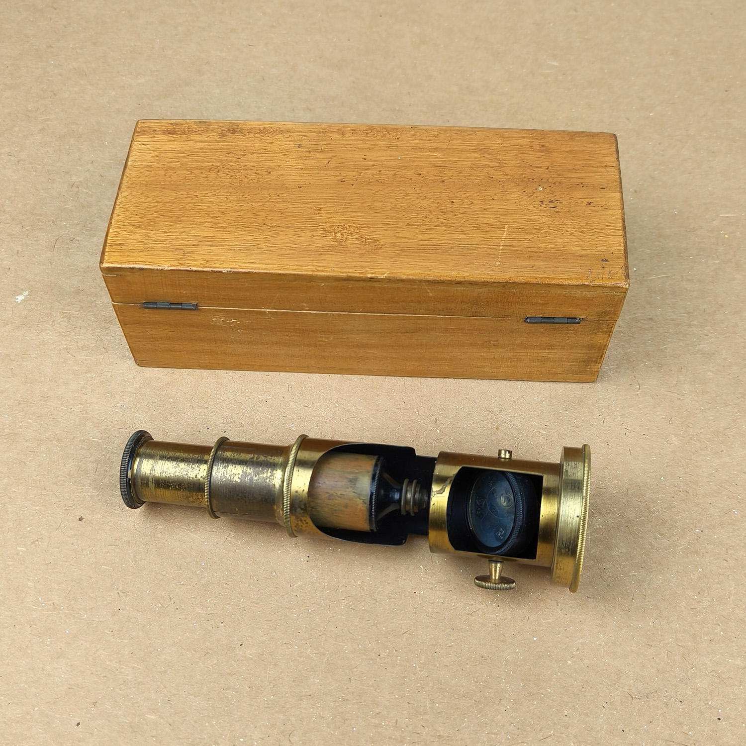 Antique Compact Brass Microscope with Original Wooden Case